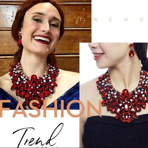 Jewelry | Red Jewel Fashion Statement Necklace Set Nwt | Poshmark
